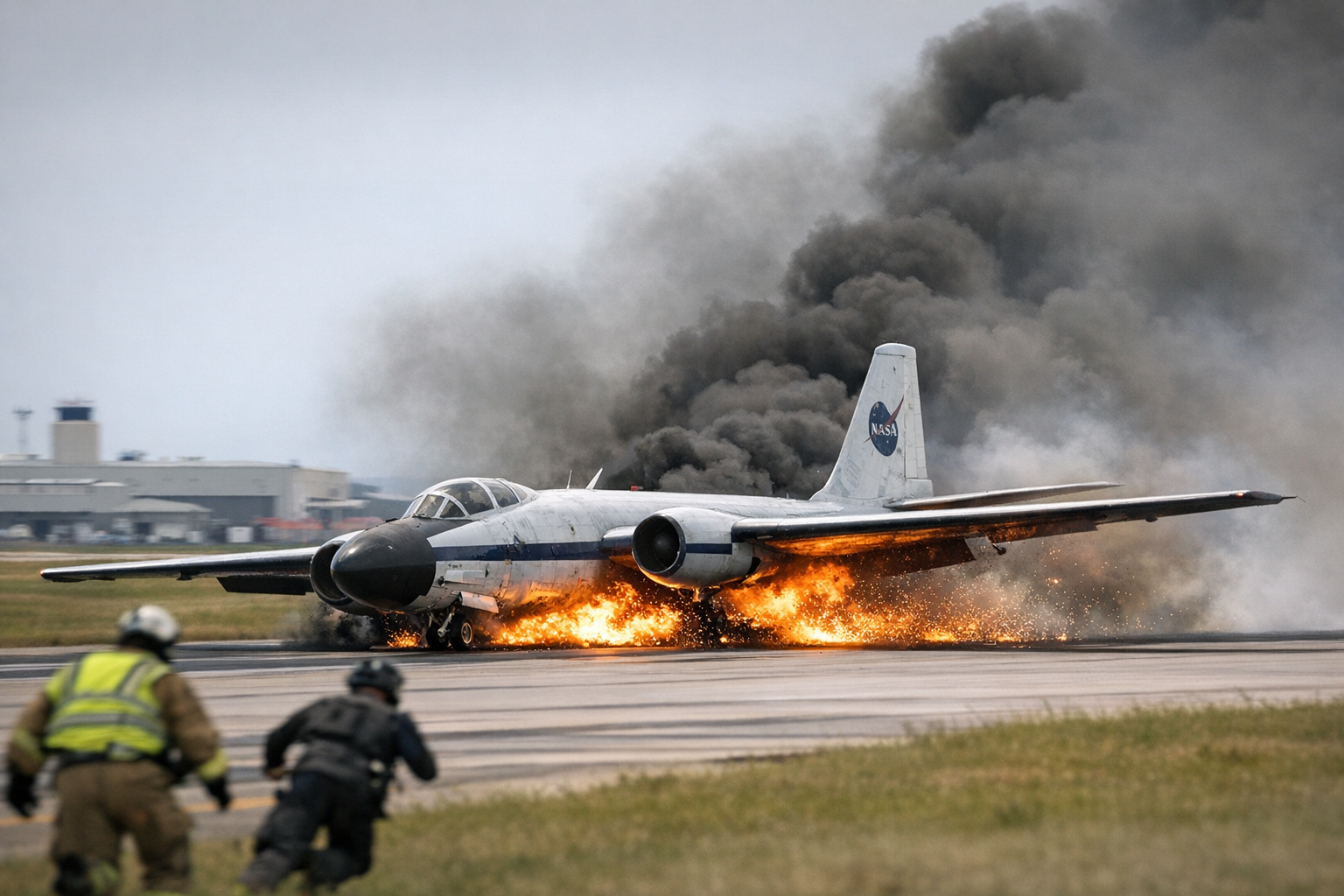 NASA WB-57 slides along runway in fiery belly landing at Ellington ...