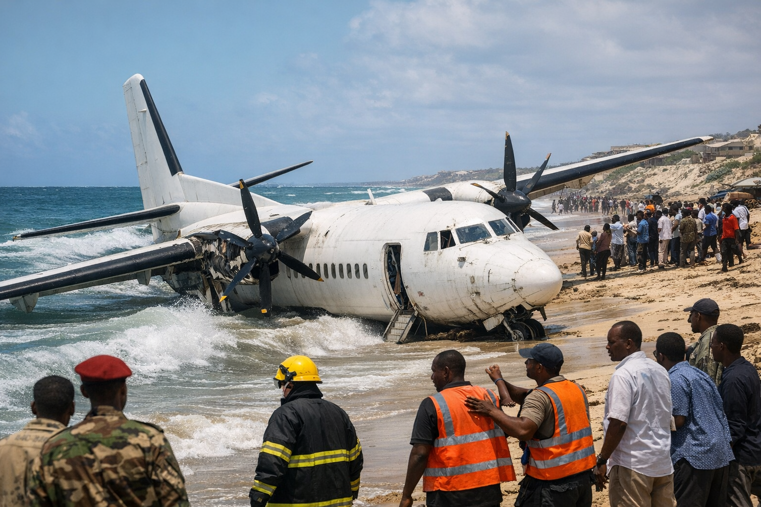 Fokker 50 overruns Mogadishu runway, comes to rest on shoreline | Prism ...